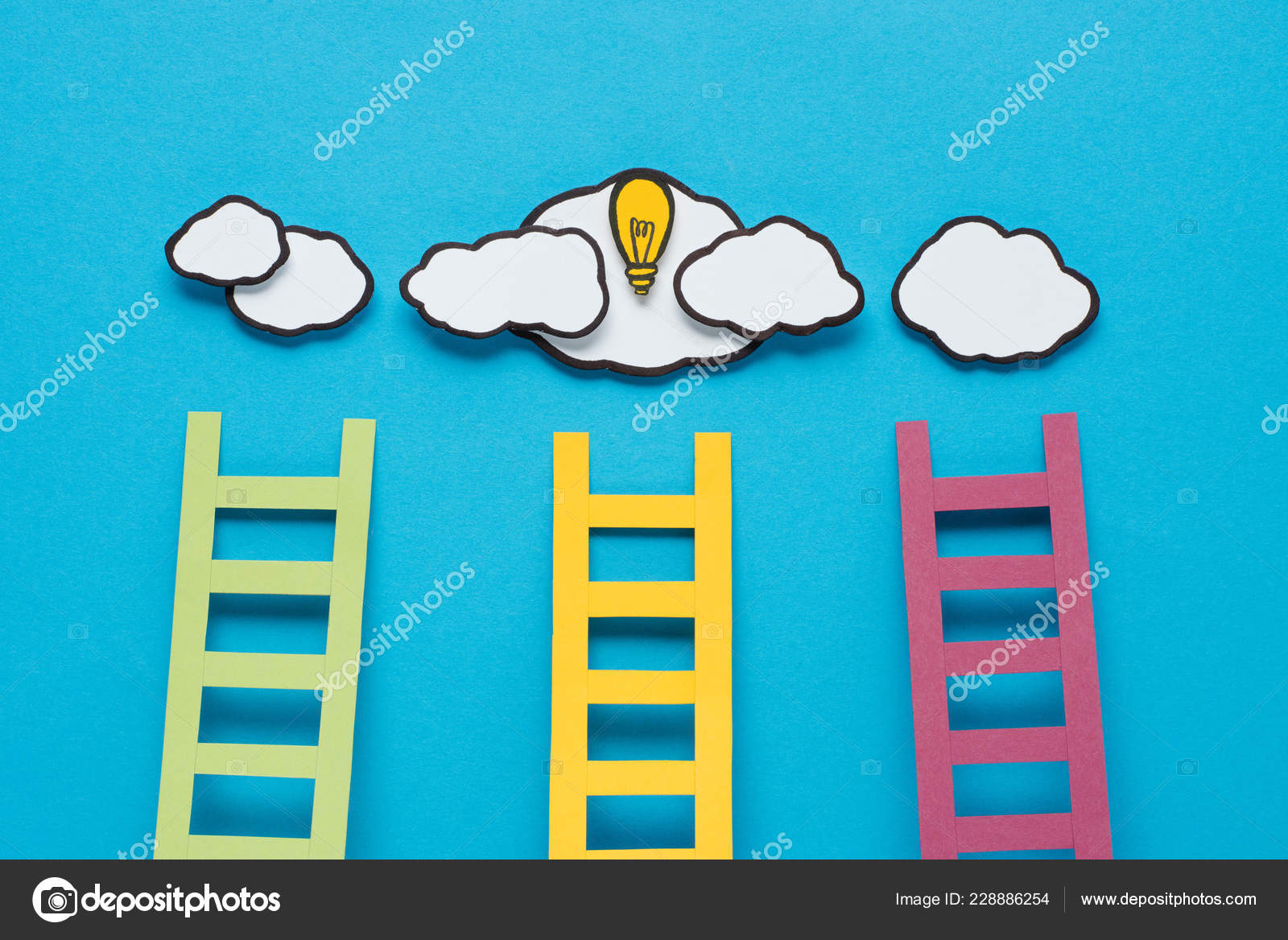 Top View Cardboard Ladders Light Bulb Clouds Blue Background Ideas ...
