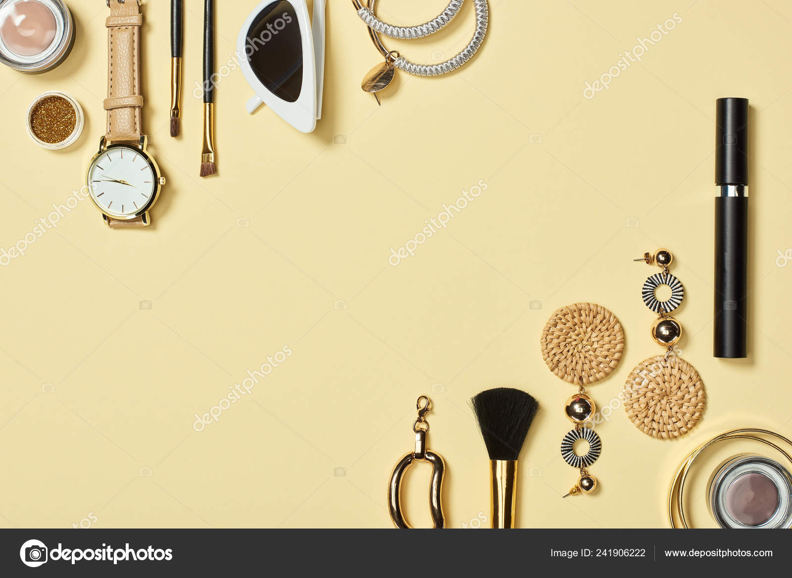 Top View Watch Sunglasses Eyeshadow Cosmetic Brushes Bracelets Earrings ...