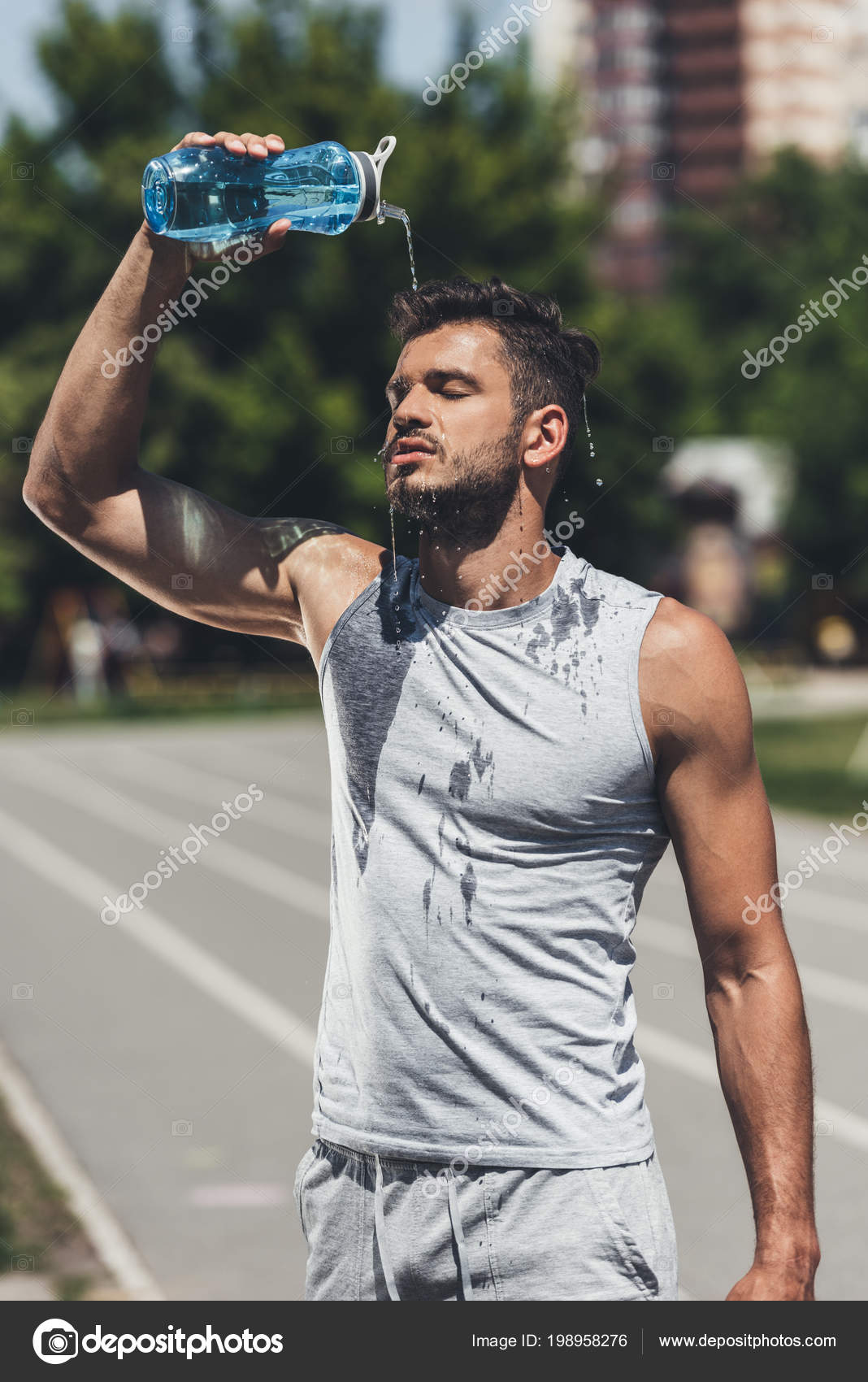 Athletic Young Man Pouring Water Himself Training — Stock Photo ...