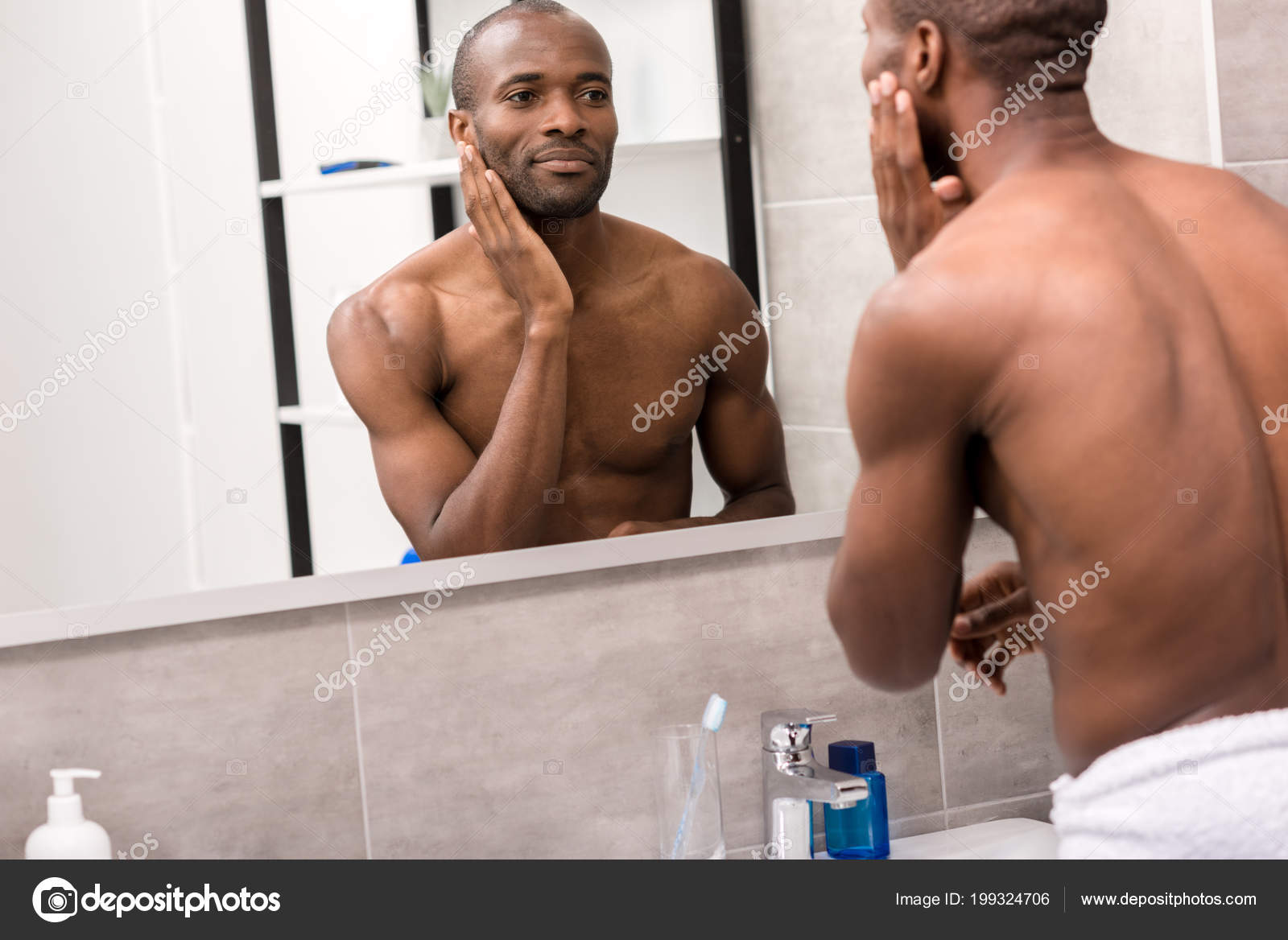 Handsome Young Man Applying Facial Lotion Shaving While Looking Mirror — Stock Photo ...