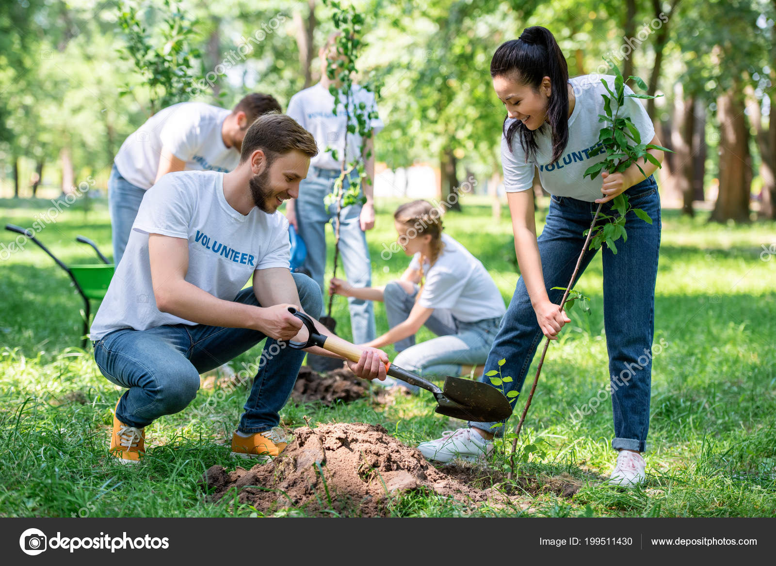 Young Volunteers Planting Trees Green Park Together Stock Photo by ...
