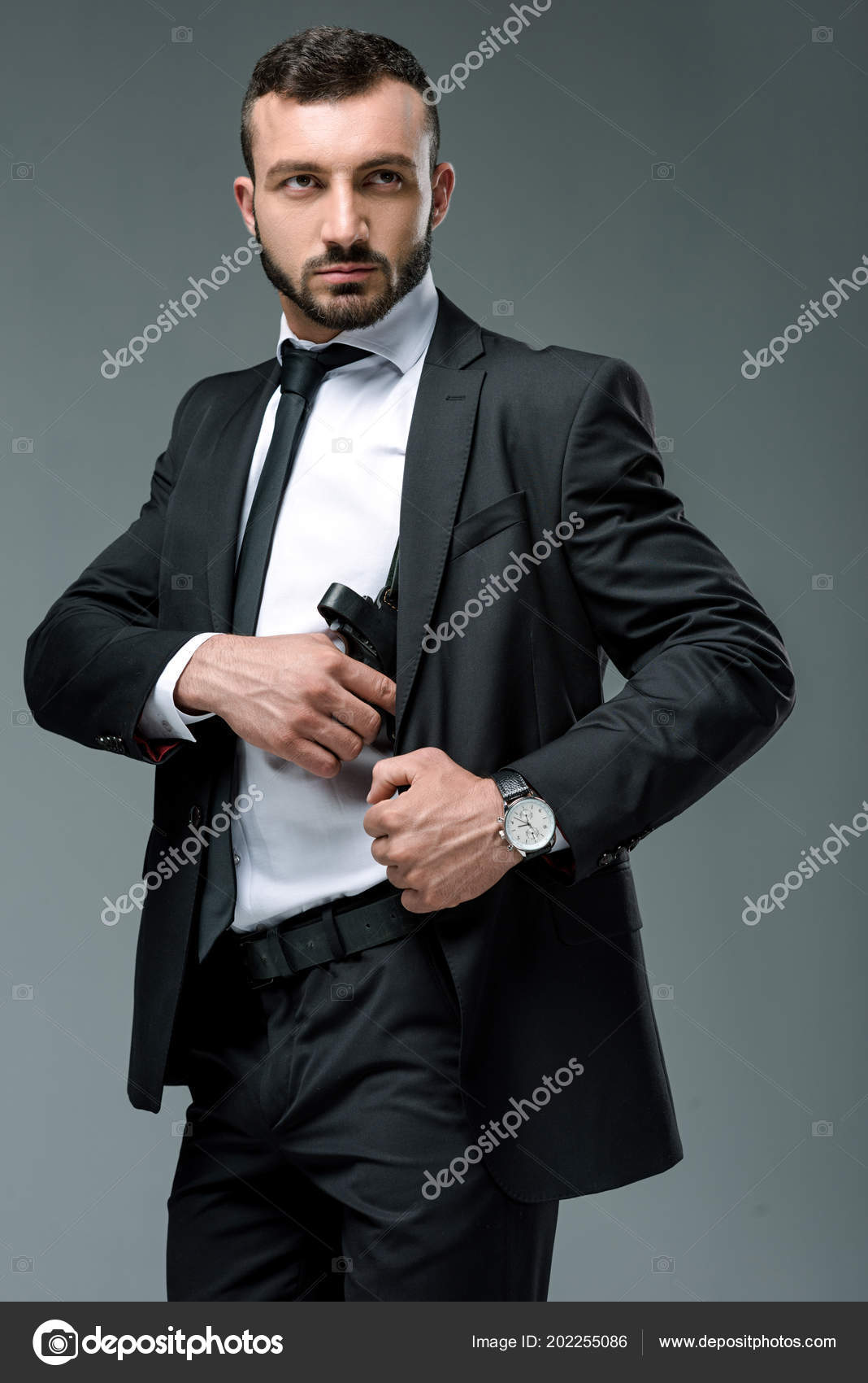 Handsome Security Guard Taking Gun Isolated Grey — Stock Photo ...