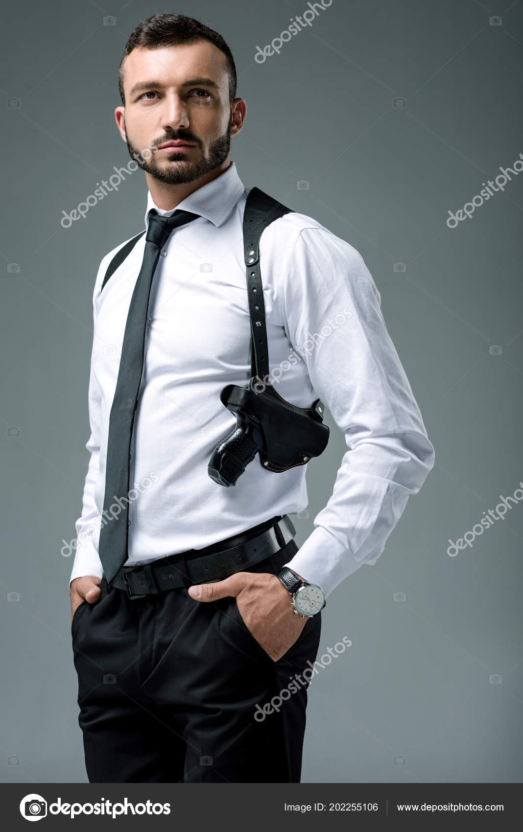 Handsome Security Guard Standing Gun Isolated Grey Stock Photo by ...