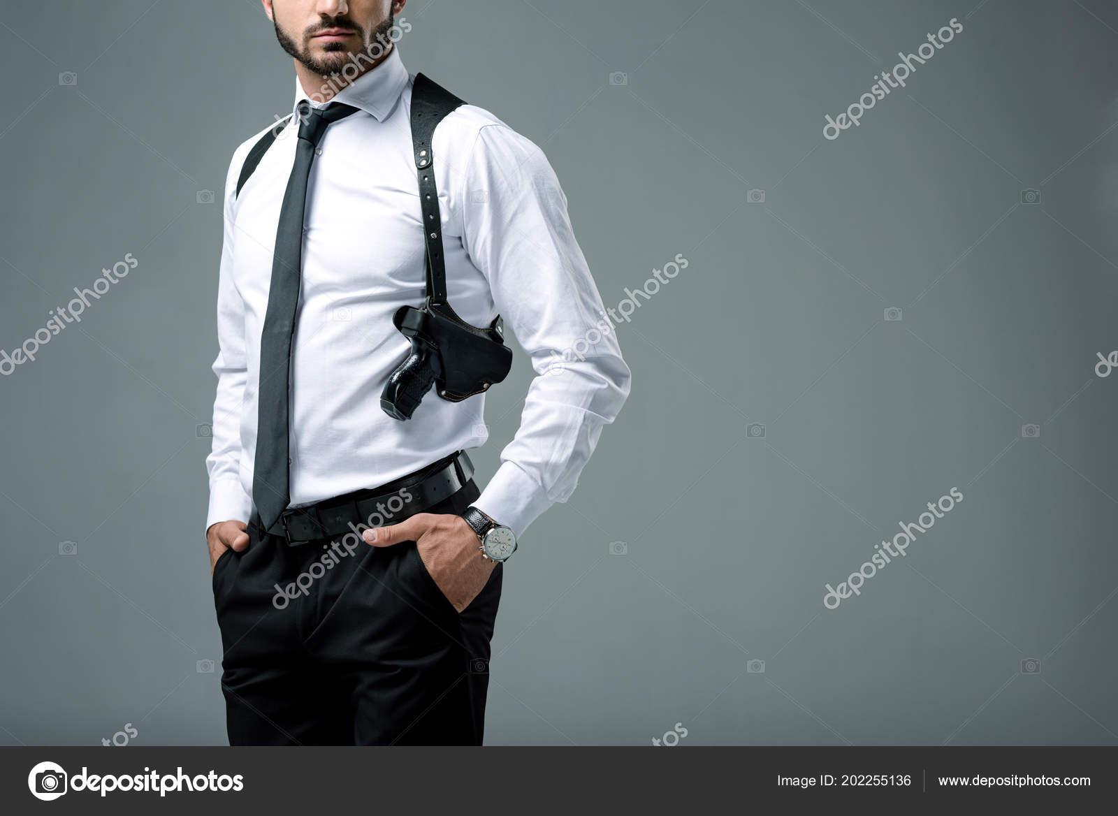 Cropped Image Security Guard Standing Gun Isolated Grey — Stock Photo ...