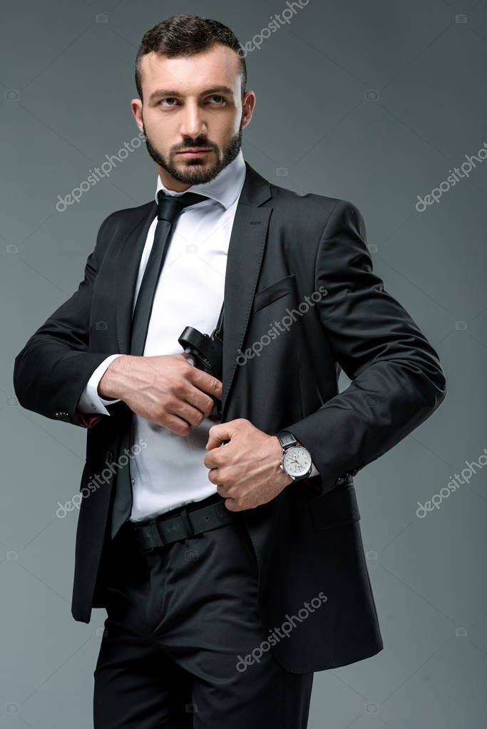 Handsome Security Guard Taking Gun Isolated Grey — Stock Photo ...