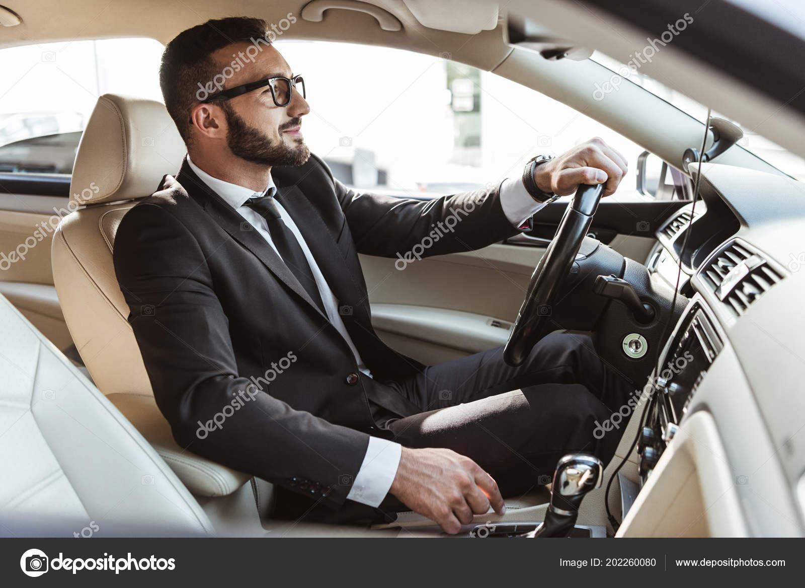 Side View Handsome Driver Suit Driving Car — Stock Photo ...