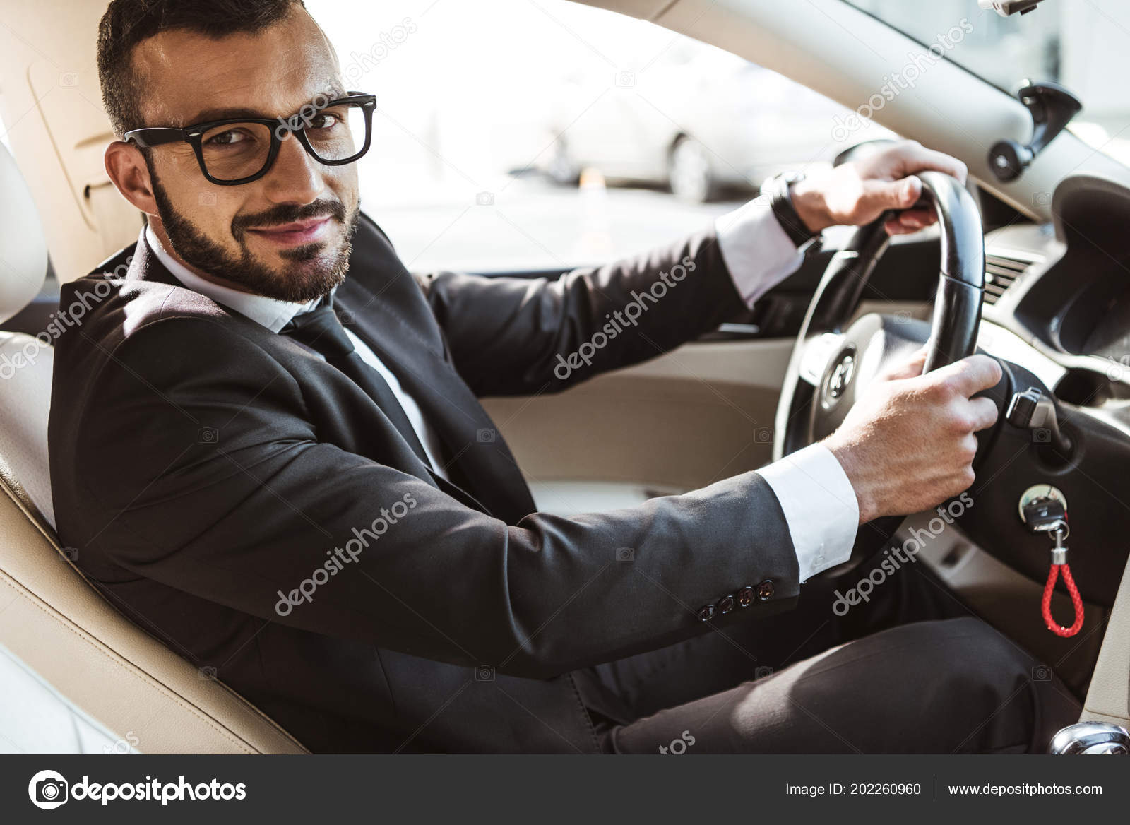 Side View Handsome Driver Suit Driving Car Looking Camera Stock Photo ...