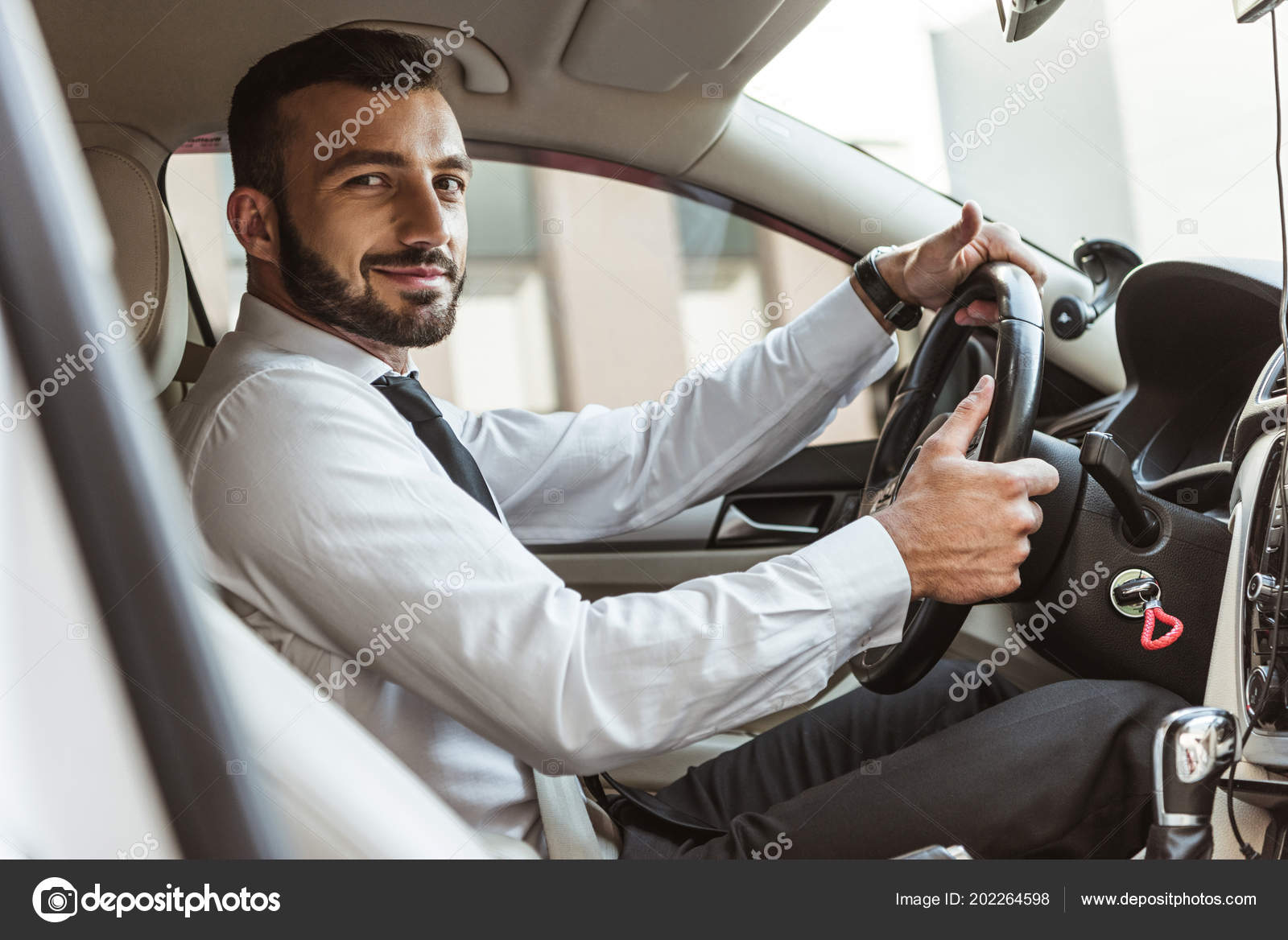 Smiling Handsome Driver Holding Steering Wheel Looking Camera Car ...