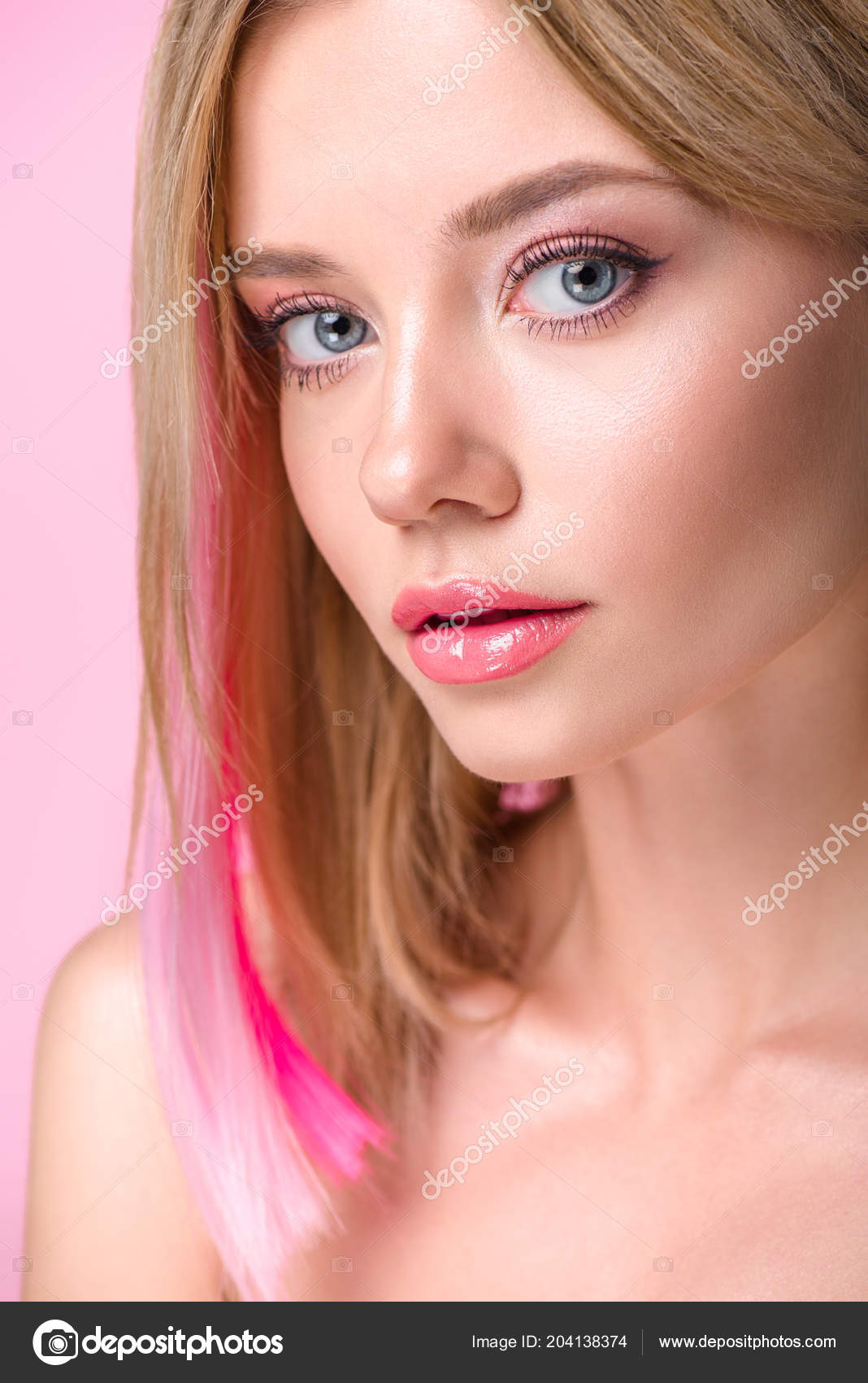 Close Portrait Attractive Young Woman Colorful Hair Strands Looking Camera — Stock Photo ...