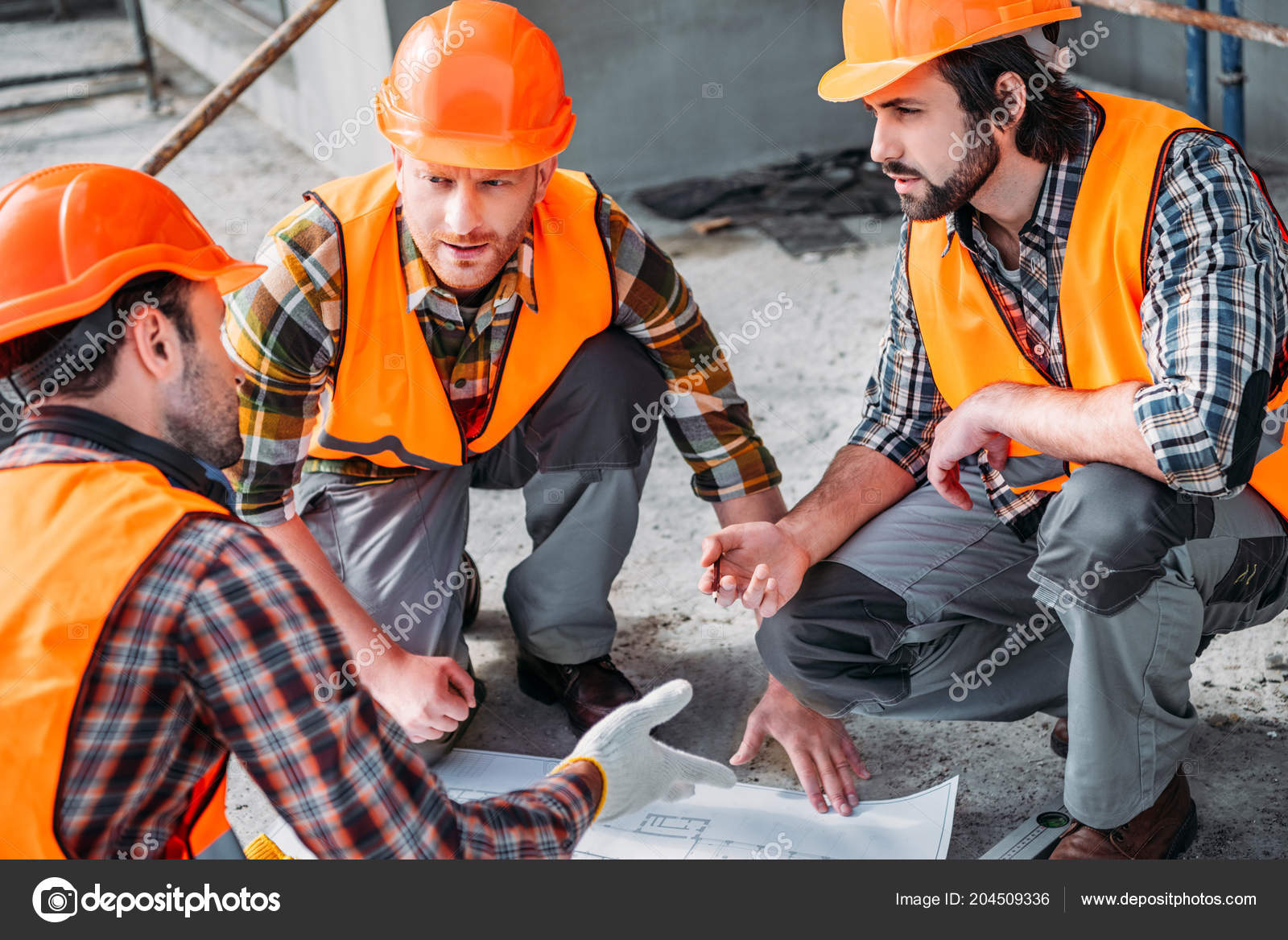 Close Shot Group Confident Builders Having Conversation Building Plan ...