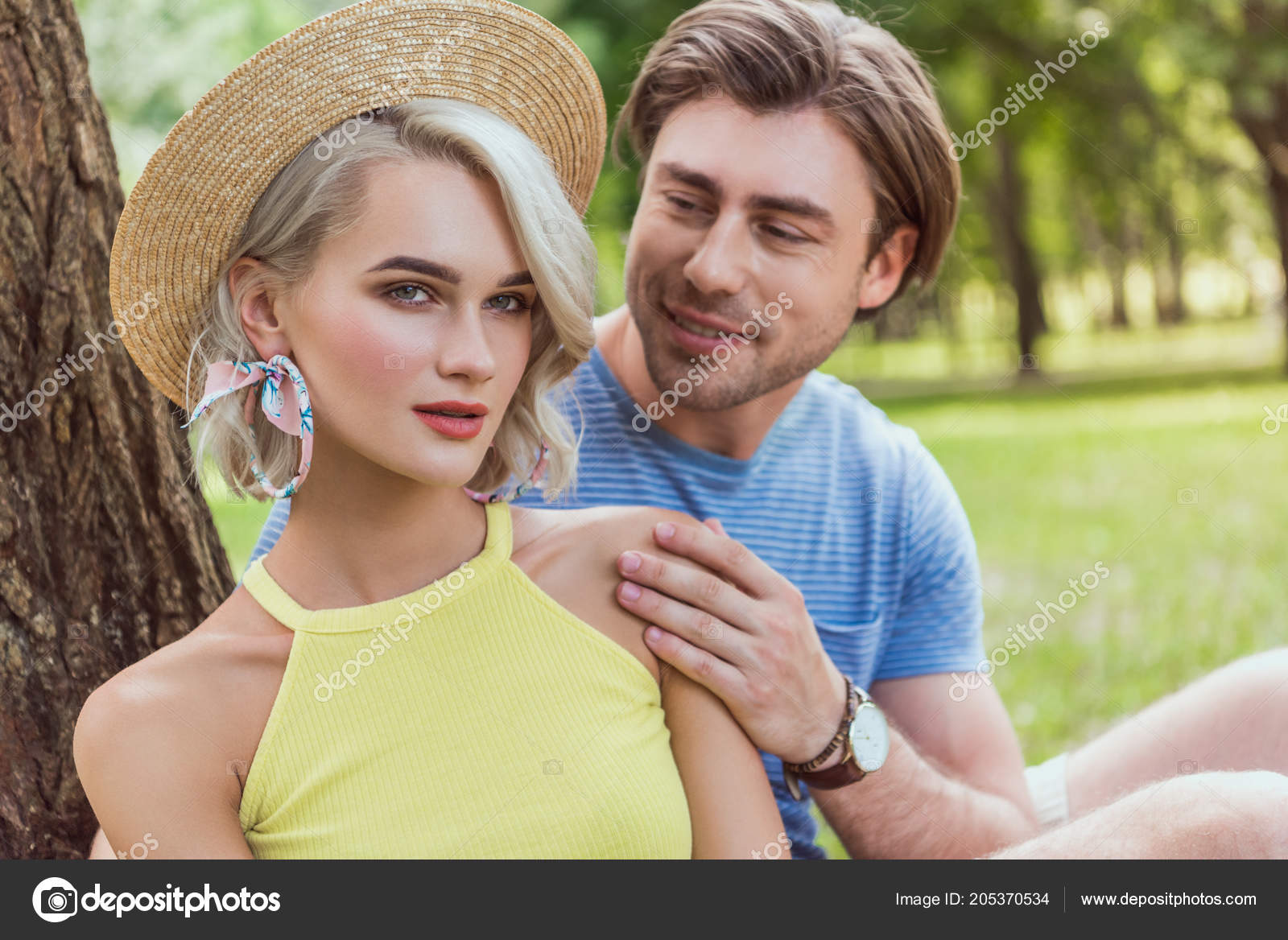Boyfriend Hugging Girlfriend Straw Hat Park Stock Photo by ...