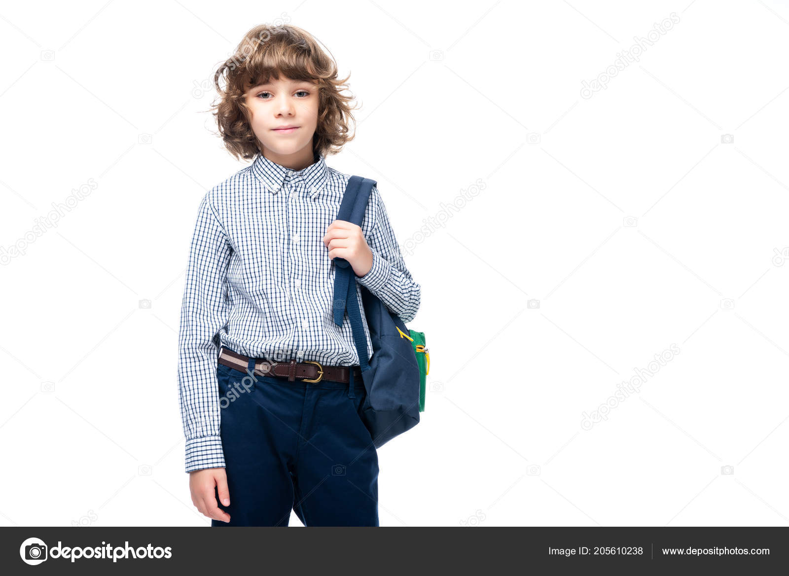 Schoolboy Holding Backpack Looking Camera Isolated White — Stock Photo ...