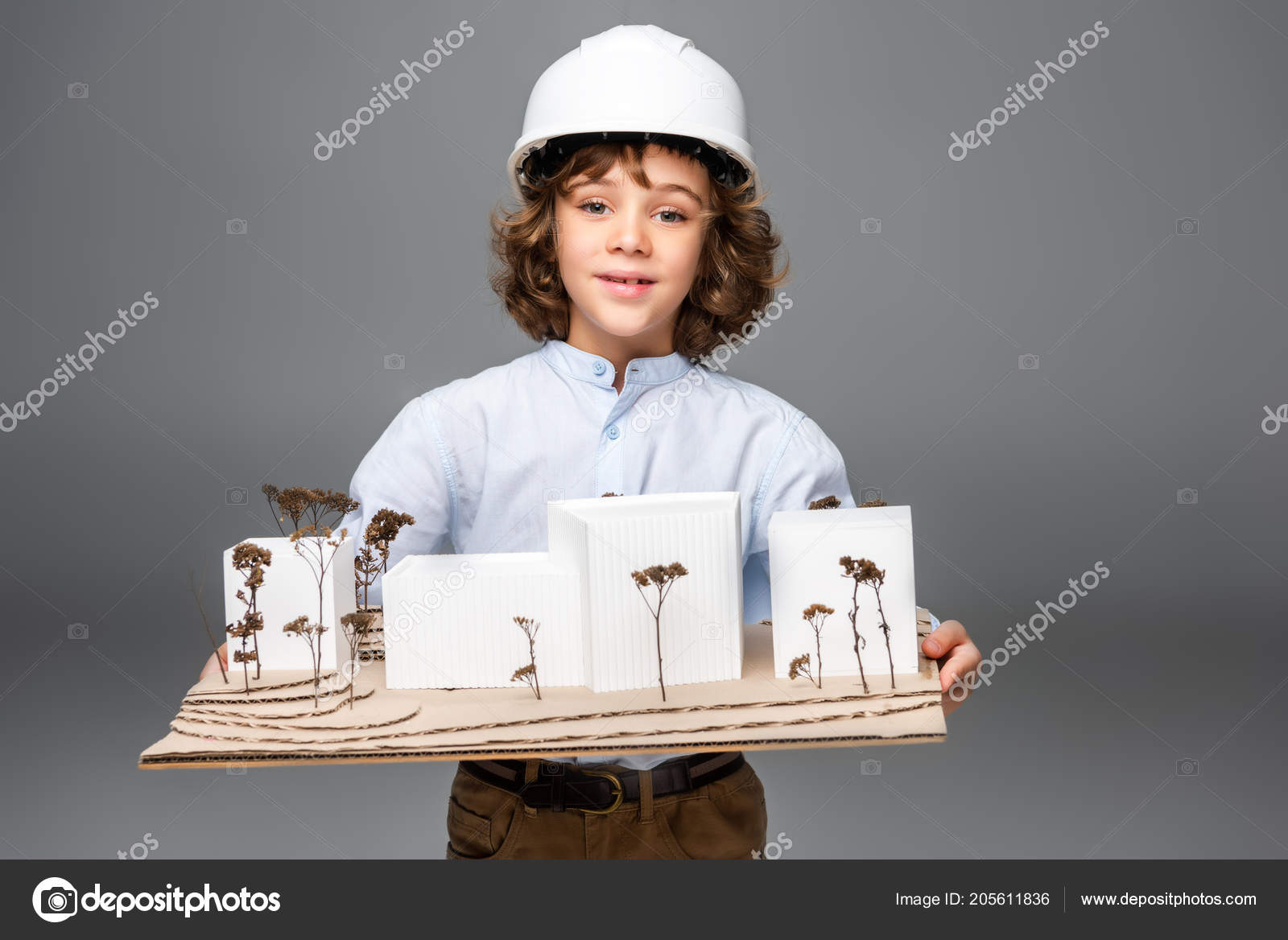 Schoolboy Costume Architect Holding Model Buildings Isolated White ...