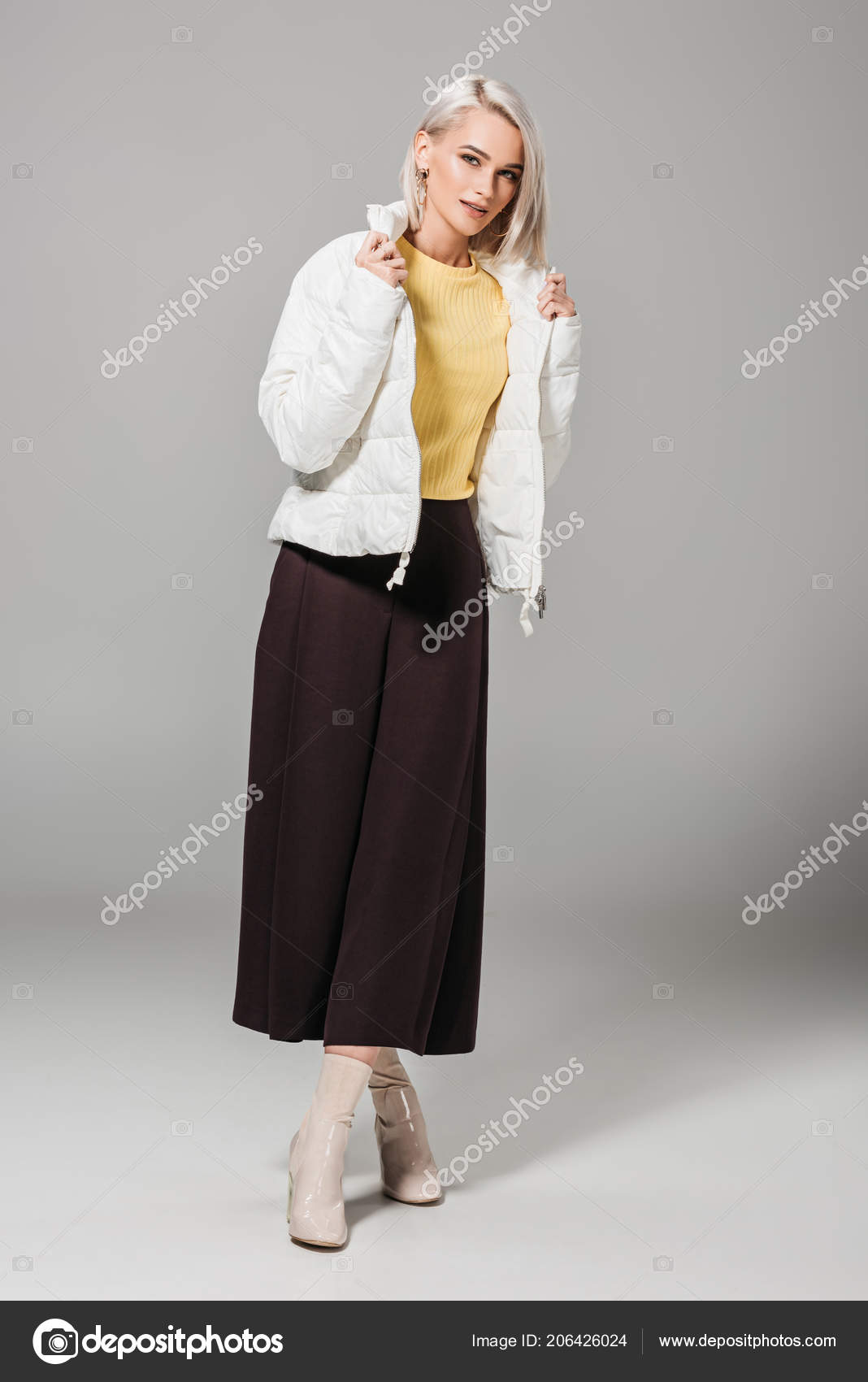 Attractive Female Model Stylish White Jacket Posing Grey Background ...