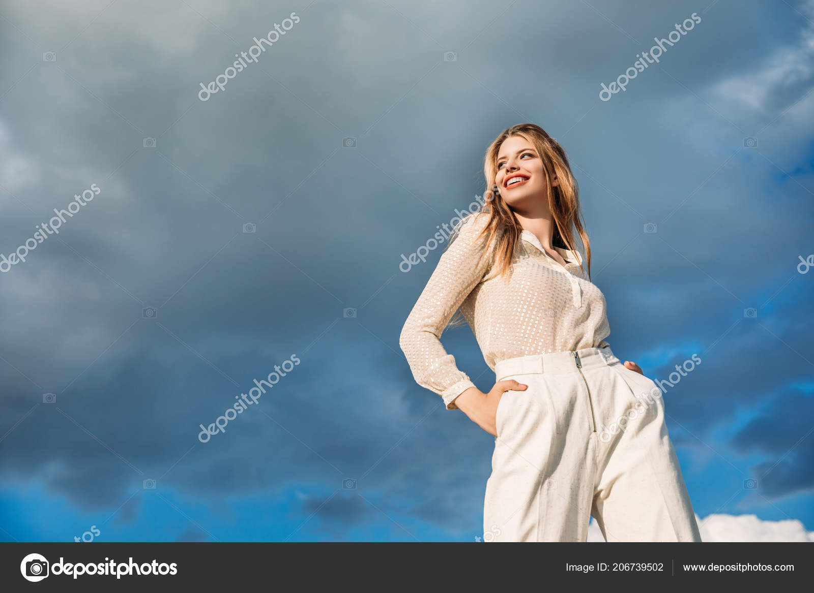 Bottom View Elegant Smiling Girl Posing White Clothes Cloudy Sky Stock ...