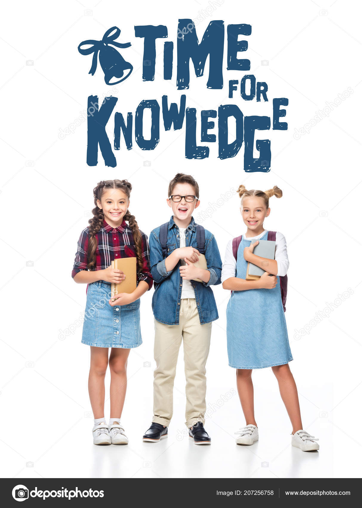 Happy Classmates Holding Books Looking Camera Isolated White Time ...