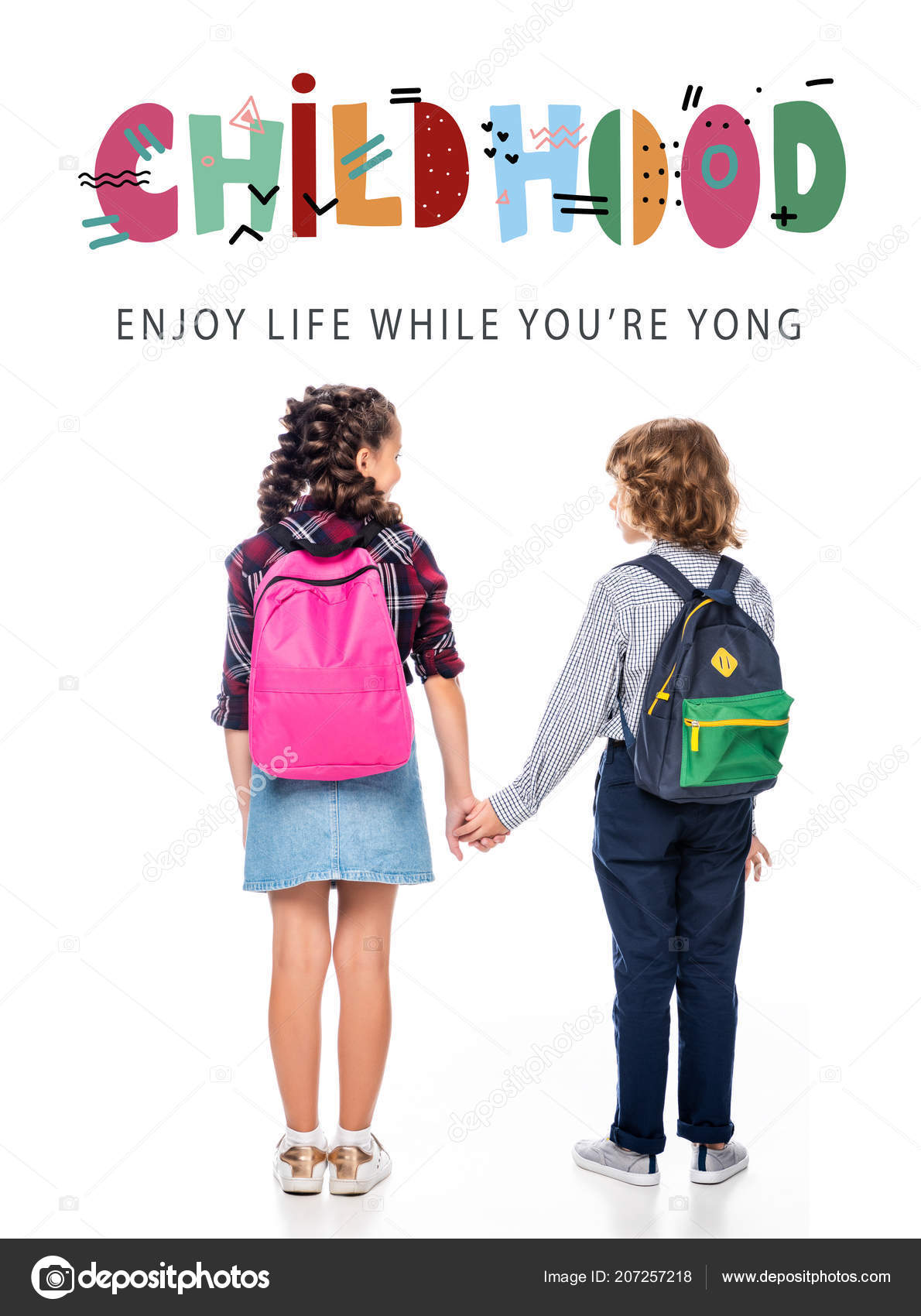 Back View Classmates Backpacks Holding Hands Isolated White Childhood ...