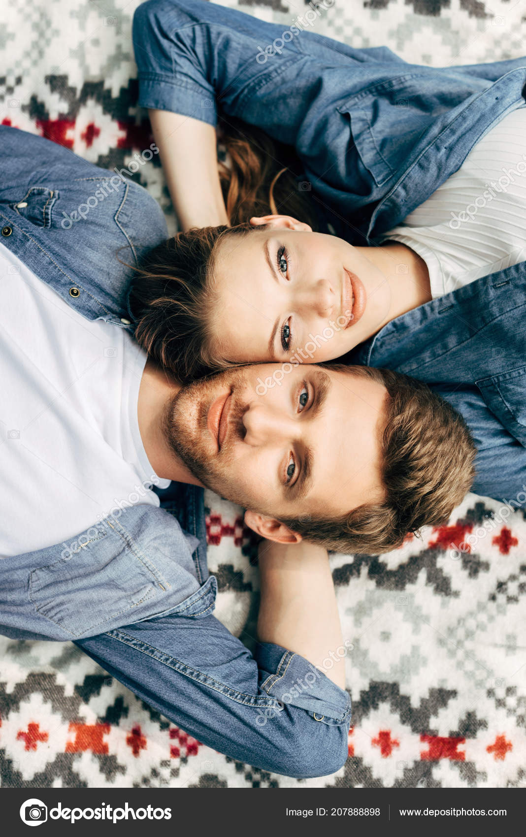 Top View Beautiful Young Couple Lying Patterned Cloth Looking Camera ...
