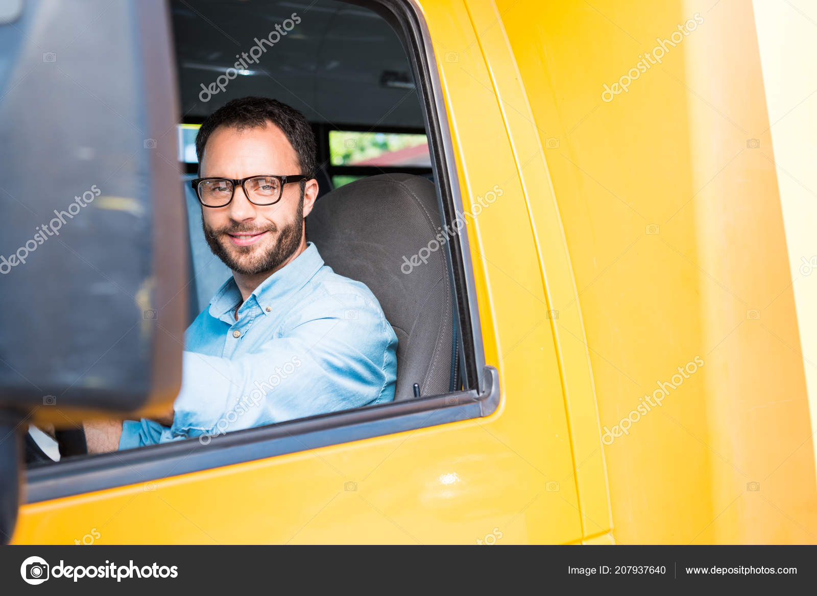 Handsome Happy School Bus Driver Looking Camera Stock Photo by ...