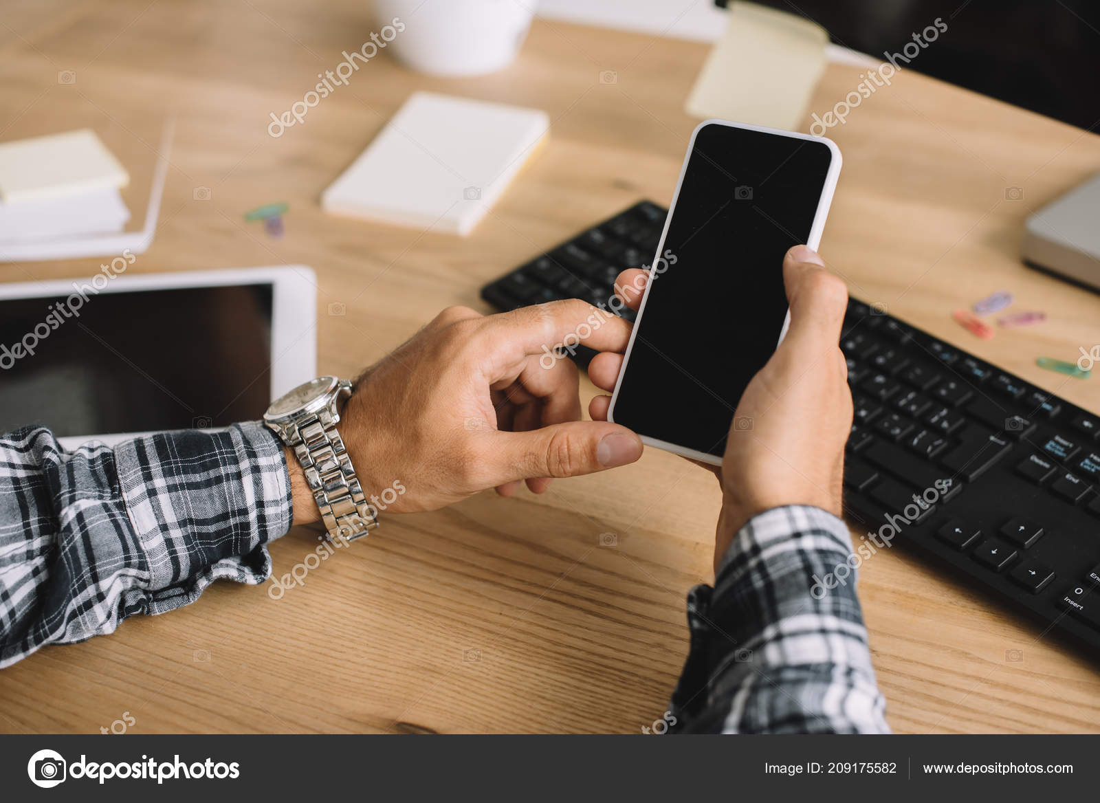 Cropped Shot Man Using Smartphone Blank Screen Workplace — Stock Photo ...