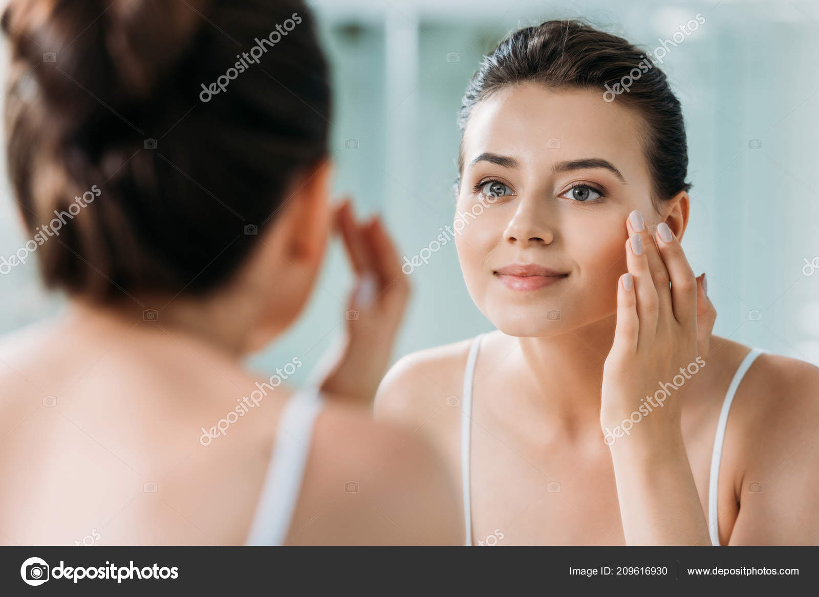 Beautiful Smiling Girl Touching Face Looking Mirror Bathroom Stock