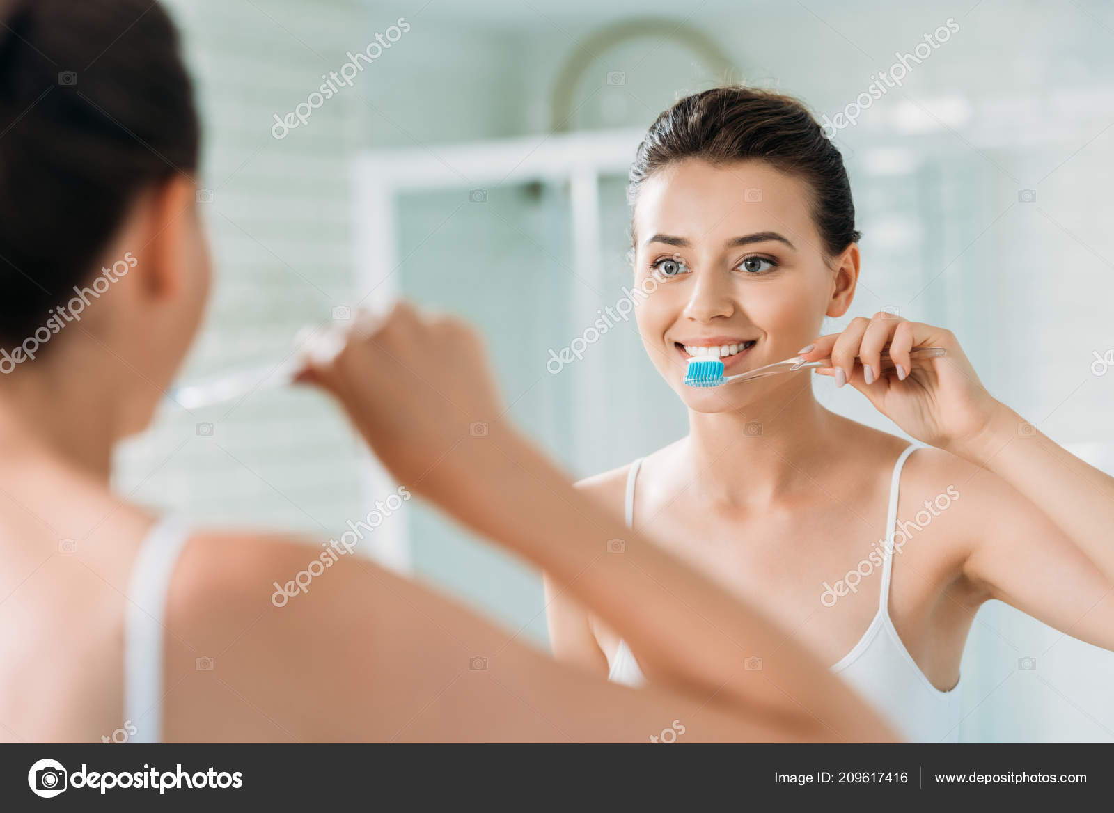 Beautiful Smiling Girl Brushing Teeth Mirror Bathroom — Stock Photo ... Beautiful Smiling Girl Brushing Teeth Mirror Bathroom — Stock Photo ...