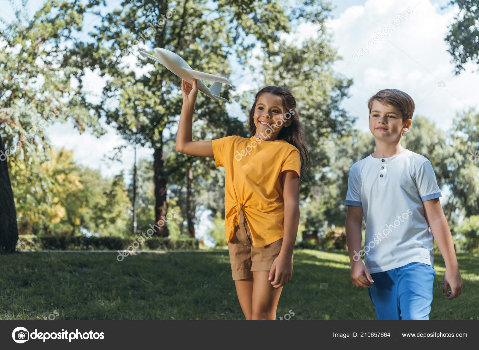 Cute Smiling Children Playing Plane Model Park — Free Stock Photo ...
