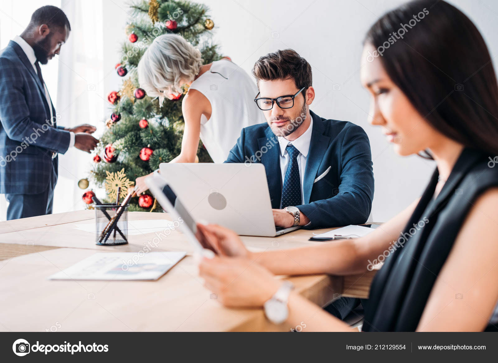 Caucasian Businessman Working Multicultural Colleagues Decorating ...