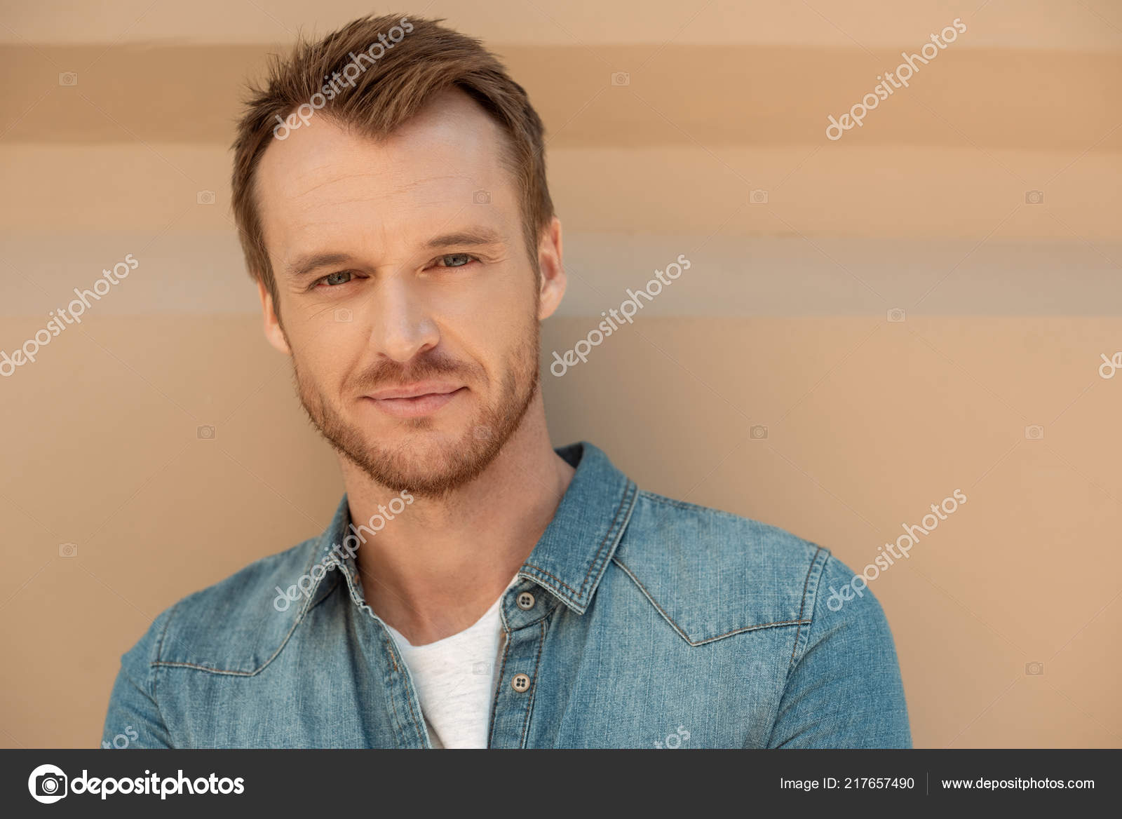 Close Portrait Attractive Young Man Looking Camera Front Wall Stock ...