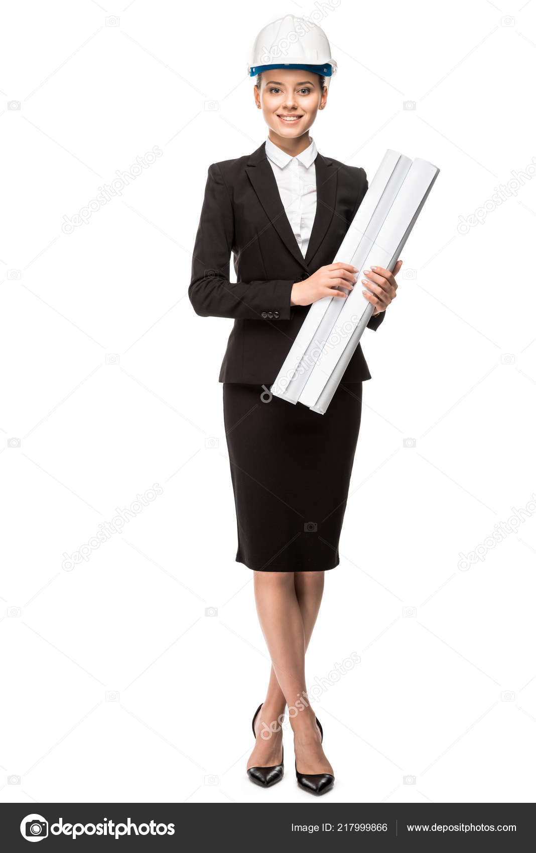 Attractive Young Female Architect Helmet Suit Holding Blueprints ...