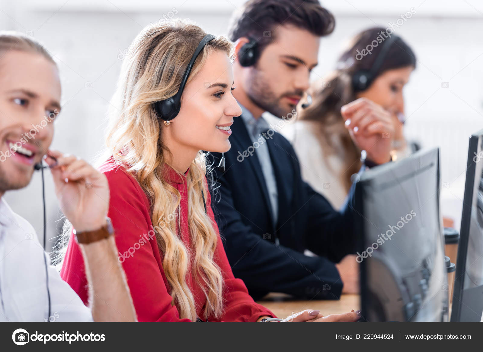 Selective Focus Call Center Operators Working Workplace Office — Stock ...