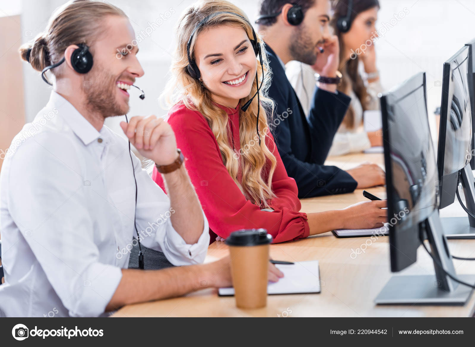 Selective Focus Smiling Call Center Operators Working Workplace Coffee ...