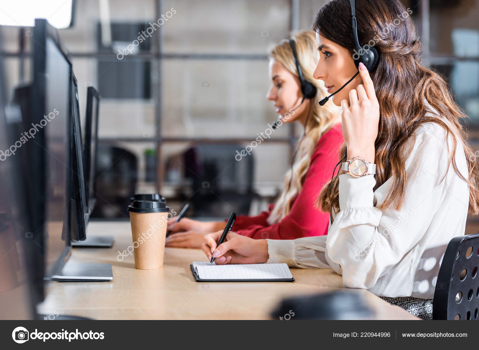 Side View Female Call Center Operators Working Workplace Office — Stock ...