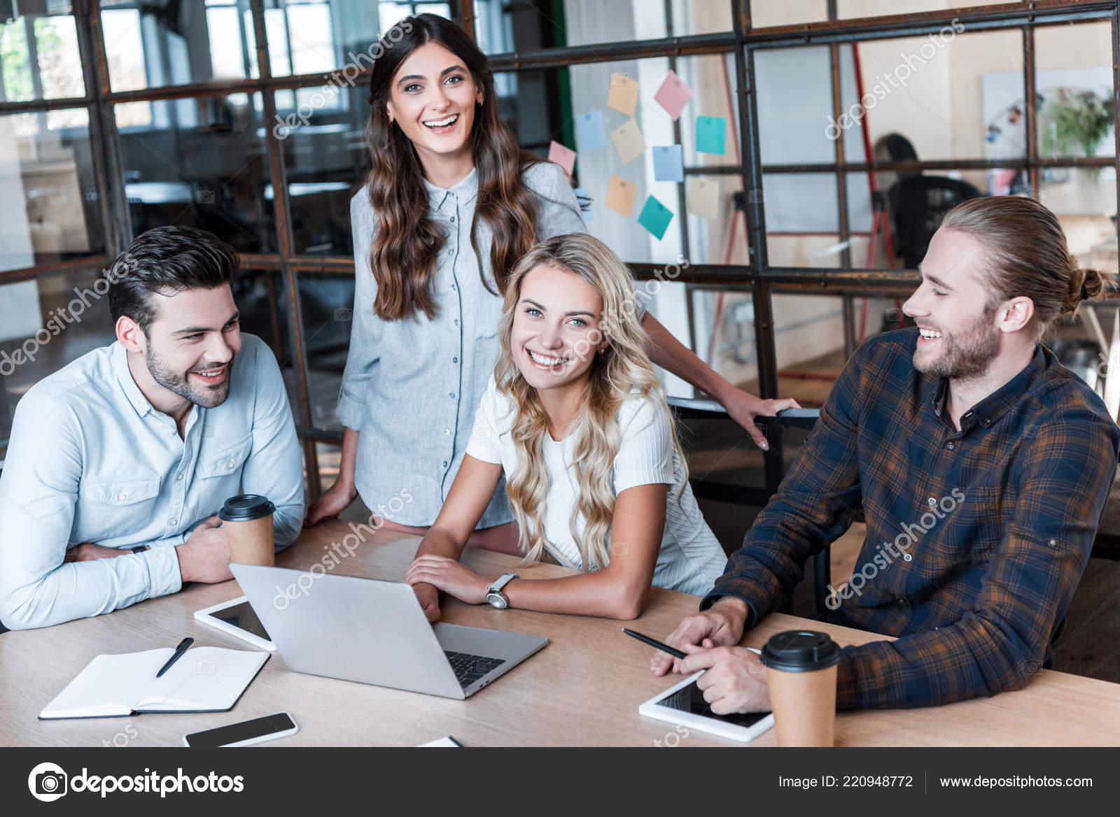 Happy Young Business Colleagues Working Together Smiling Camera Office ...