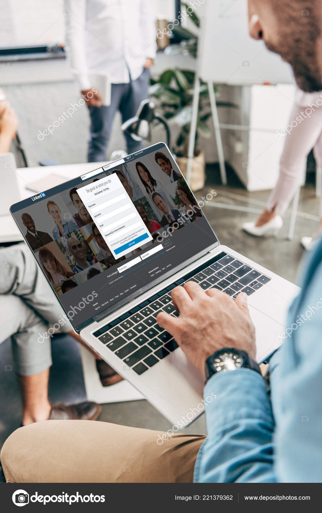 Cropped Shot Young Businessman Using Laptop Linkedin Website Screen ...
