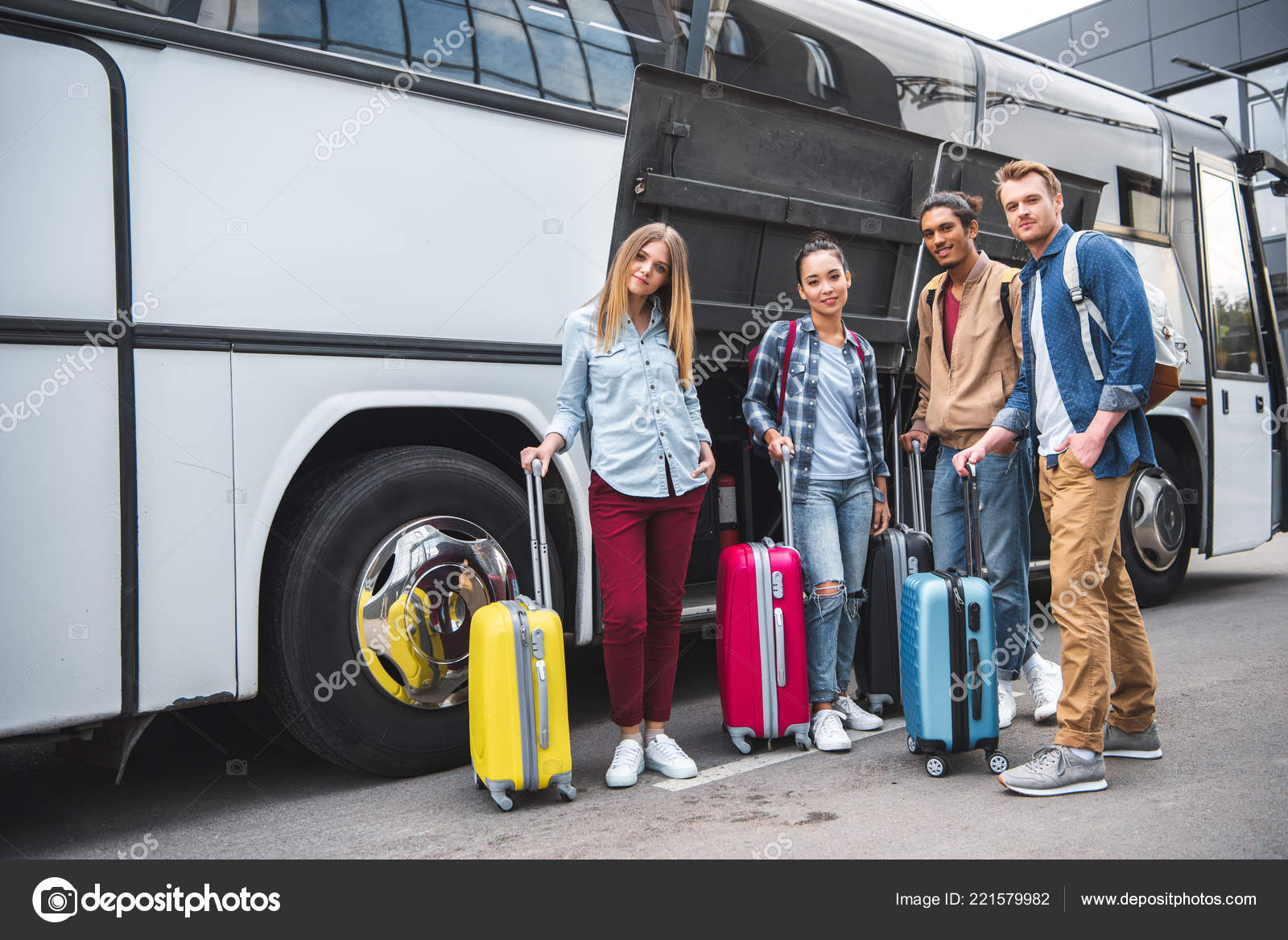 Multicultural Friends Travels Bags Posing Travel Bus Street Stock Photo ...