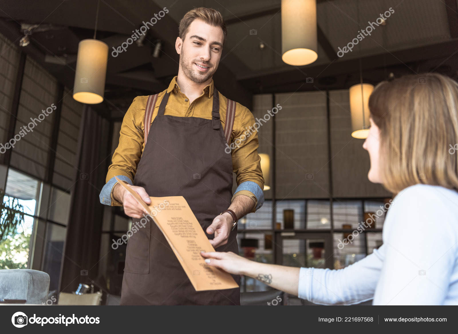 Handsome Young Waiter Showing Menu List Female Customer Cafe — Stock ...