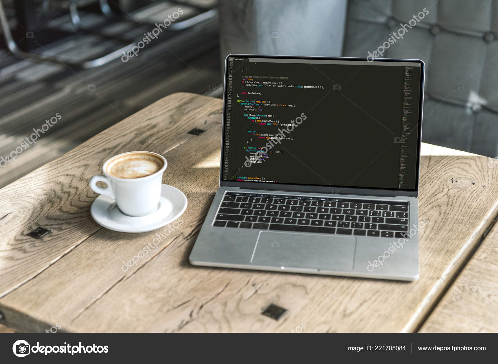 Cup Cappuccino Laptop Program Code Screen Rustic Wooden Table Cafe Stock Editorial Photo