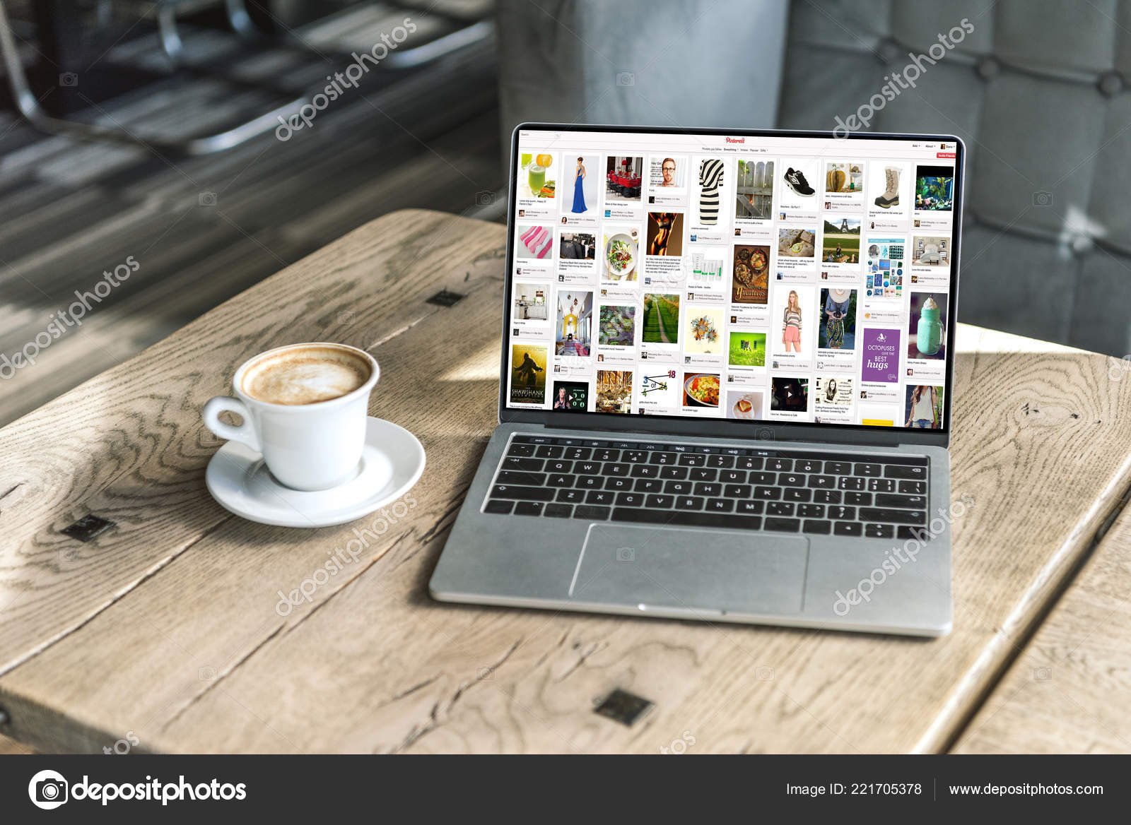 Cup Coffee Laptop Pinterest Website Screen Rustic Wooden Table Cafe ...