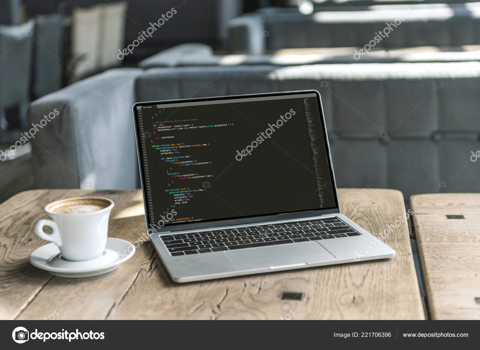 Cup Coffee Laptop Program Code Screen Rustic Wooden Table Cafe — Stock ...