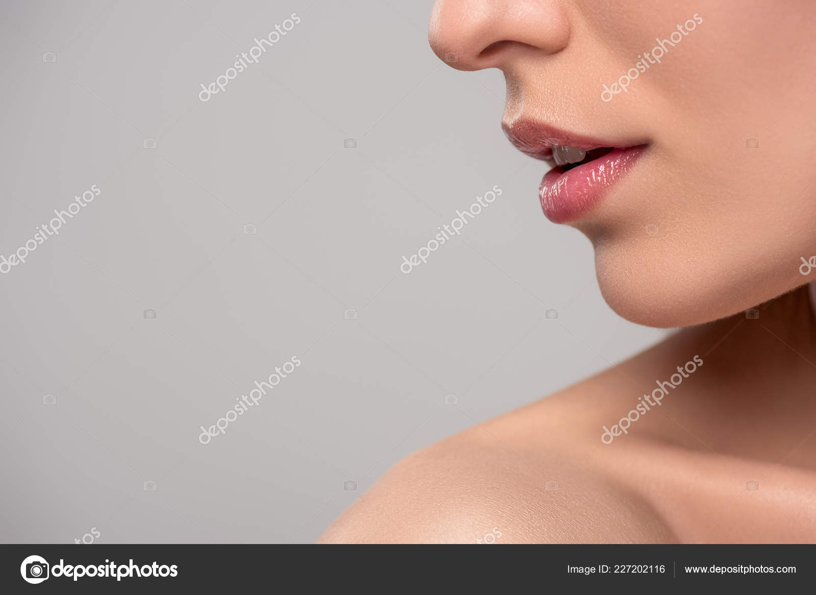 Cropped View Woman Beautiful Lips Perfect Skin Isolated Grey — Stock ...