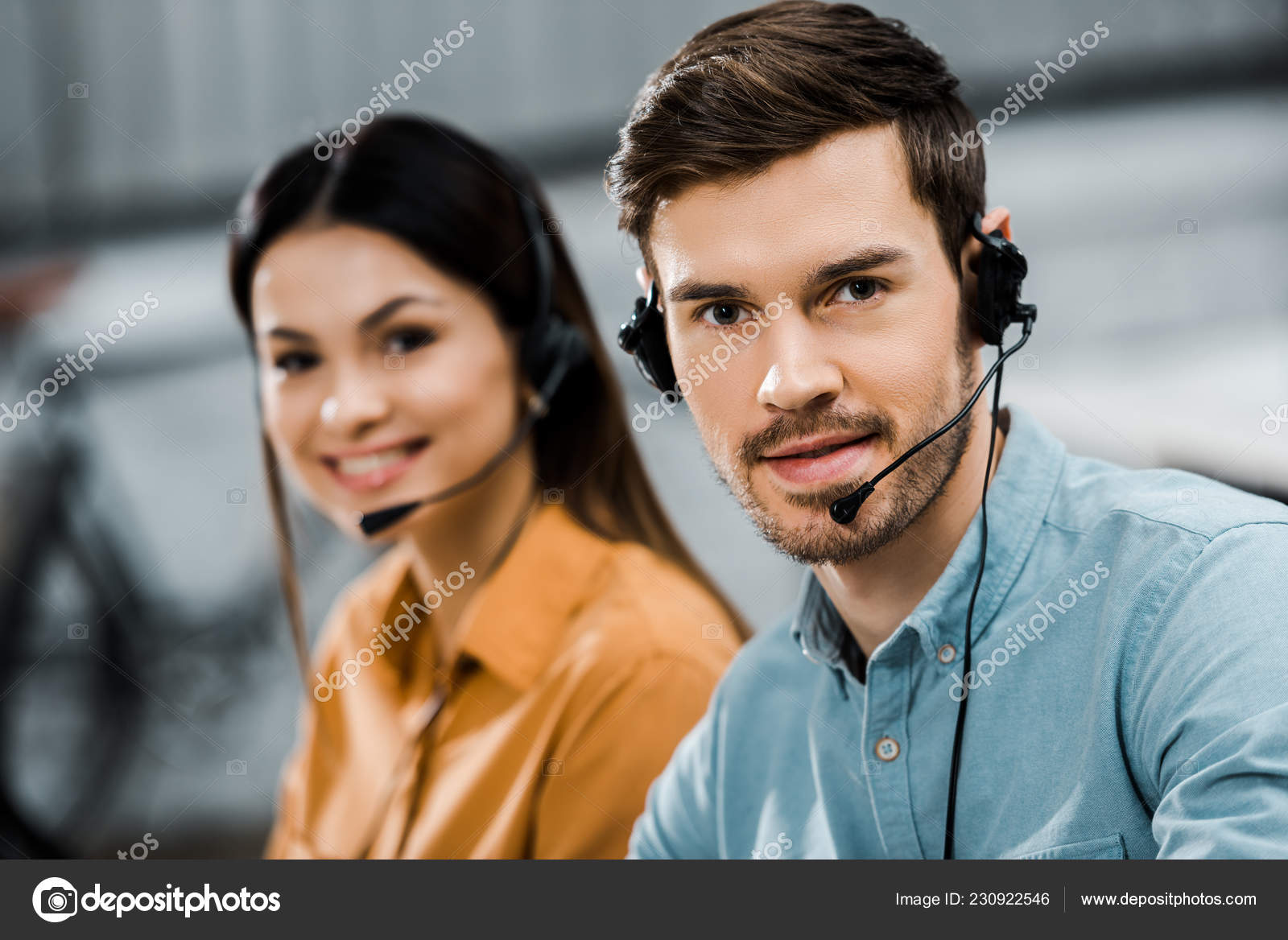 Smiling Call Center Operators Headsets Looking Camera Office — Stock Photo © AllaSerebrina ...