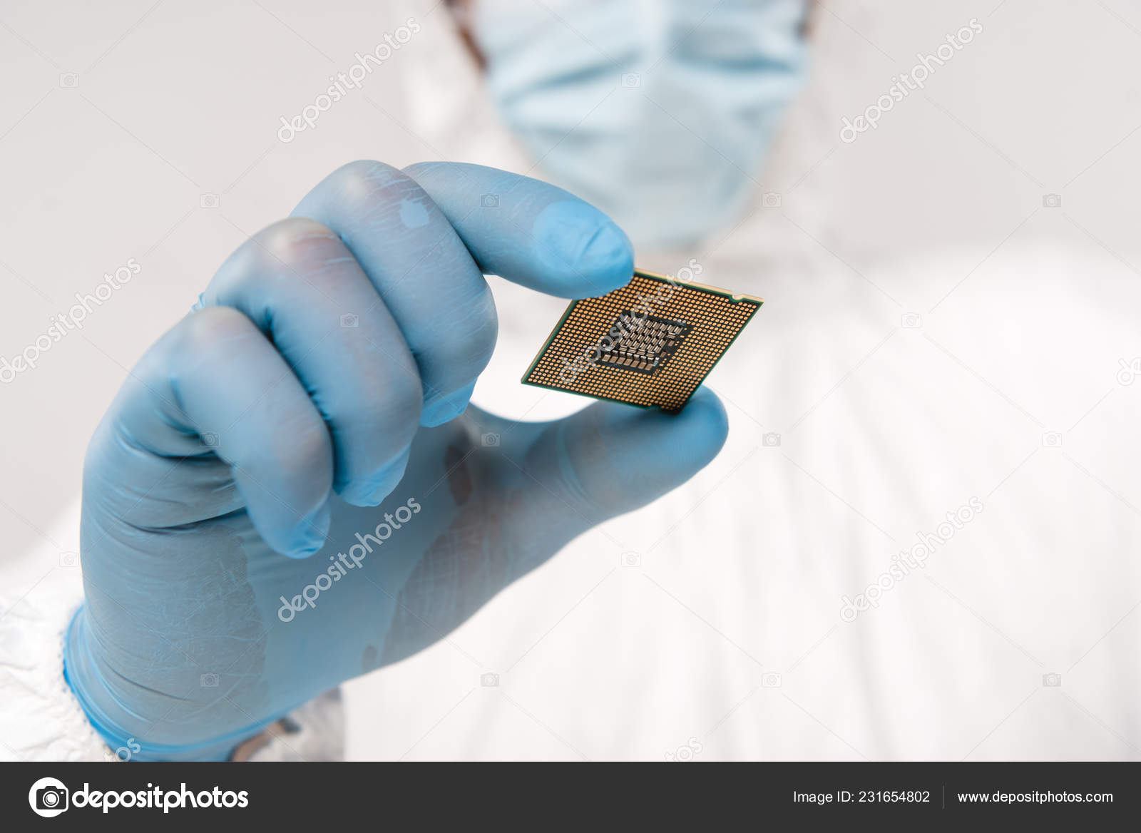 Selective Focus Microprocessor Hand Scientist Wearing Latex Glove ...