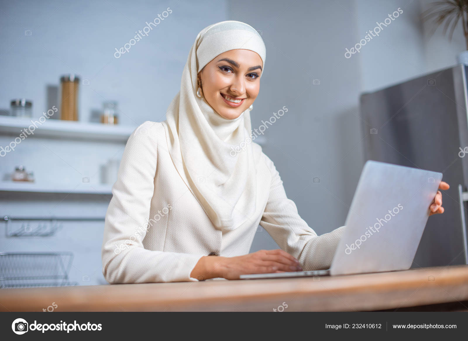 Beautiful Young Muslim Woman Using Laptop Smiling Camera Stock Photo by ...
