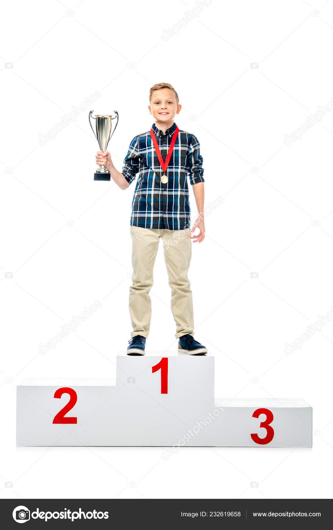 Smiling Boy Standing Winner Pedestal Holding Trophy Cup Looking Camera ...