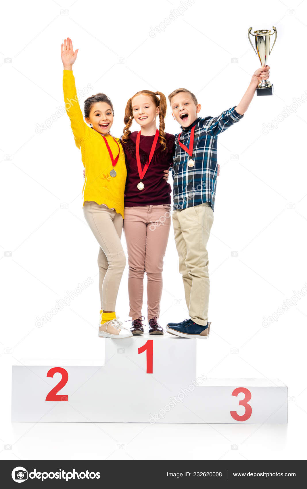 Happy Kids Medals Trophy Cup Standing Winner Pedestal Shouting Looking ...