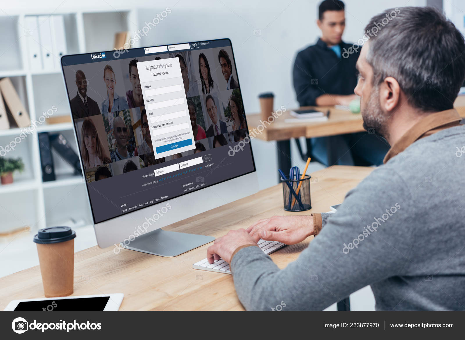 Businessman Using Desktop Computer Linkedin Website Screen Office ...