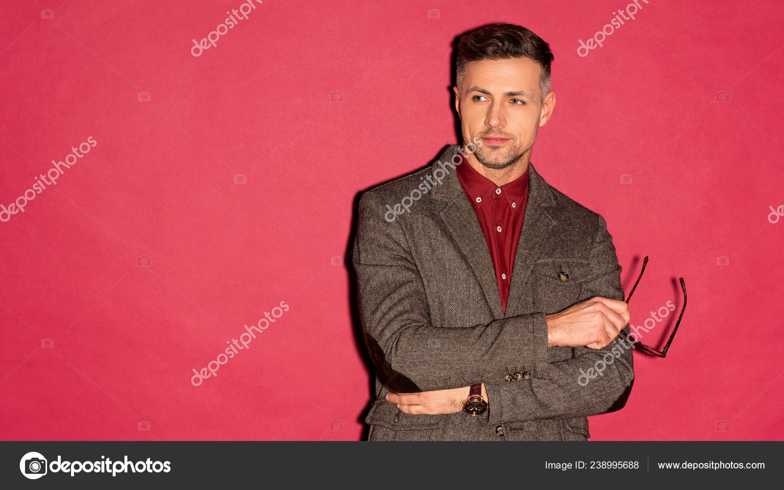 Handsome Stylish Man Formal Wear Arms Crossed Red Background Copy ...