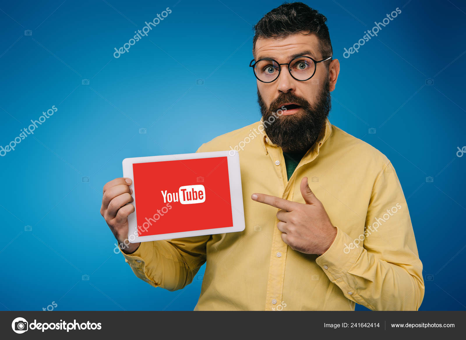 Surprised Bearded Man Pointing Digital Tablet Youtube App Isolated Blue ...