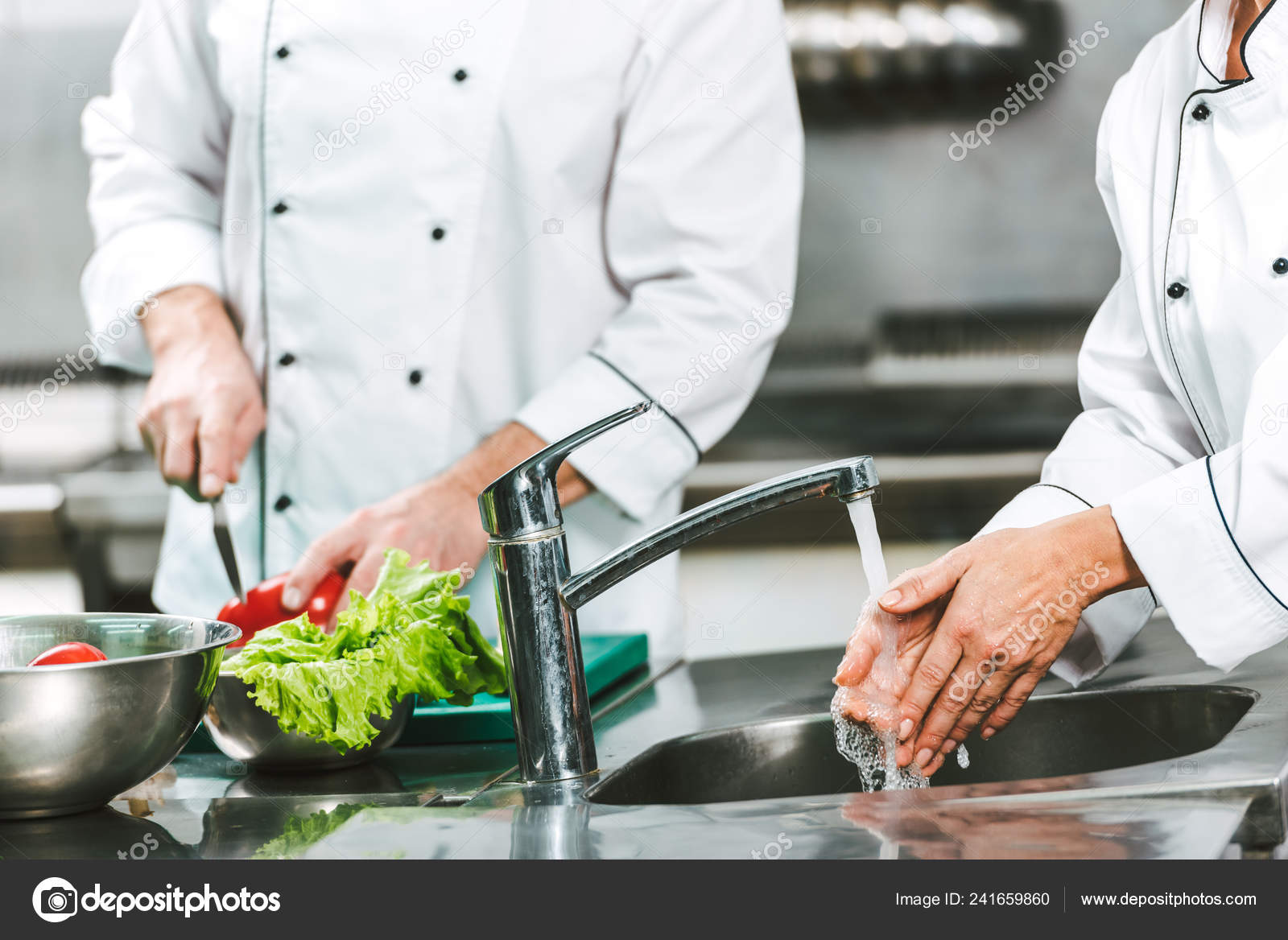 Cropped View Female Chef Washing Hands Sink While Colleague Cooking ...